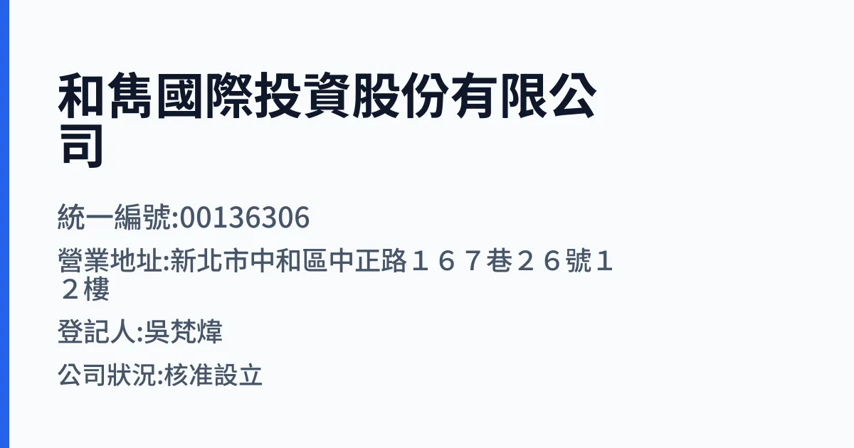 和雋國際投資股份有限公司 - 統編 00136306(新北市) 公司登記資料與營業項目詳細圖表