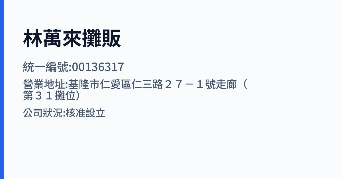 林萬來攤販 - 統編 00136317(基隆市) 公司登記資料與營業項目詳細圖表