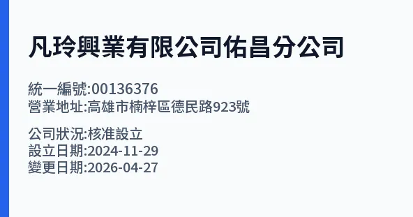 凡玲興業有限公司佑昌分公司的照片-統編 00136376(高雄市) 公司登記資料與營業項目詳細圖表