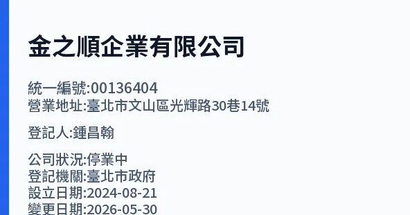 金之順企業有限公司的照片-統編 00136404(臺北市) 公司登記資料與營業項目詳細圖表