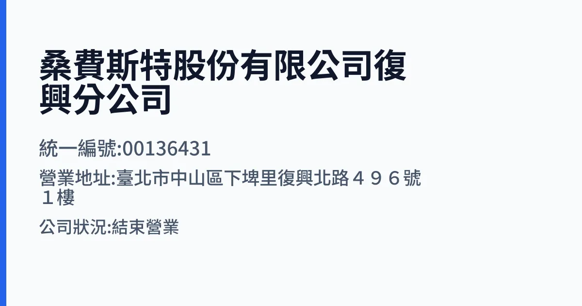 桑費斯特股份有限公司復興分公司 - 統編 00136431(臺北市) 公司登記資料與營業項目詳細圖表