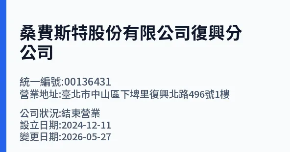 桑費斯特股份有限公司復興分公司的照片-統編 00136431(臺北市) 公司登記資料與營業項目詳細圖表