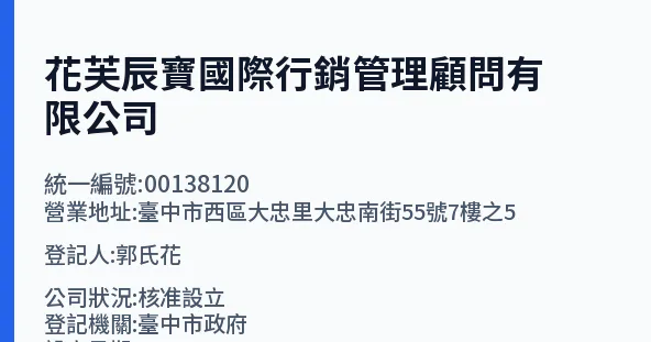 花芙辰寶國際行銷管理顧問有限公司的照片-統編 00138120(臺中市) 公司登記資料與營業項目詳細圖表