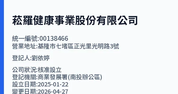 菘羅健康事業股份有限公司的照片-統編 00138466(基隆市) 公司登記資料與營業項目詳細圖表