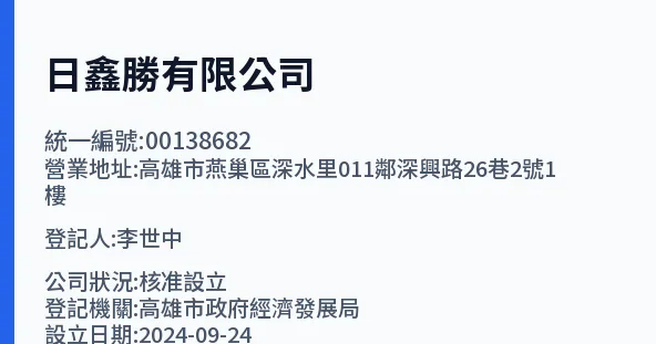 日鑫勝有限公司的照片-統編 00138682(高雄市) 公司登記資料與營業項目詳細圖表