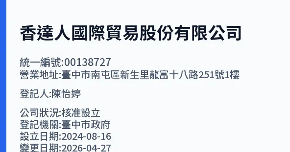 香達人國際貿易股份有限公司的照片-統編 00138727(臺中市) 公司登記資料與營業項目詳細圖表