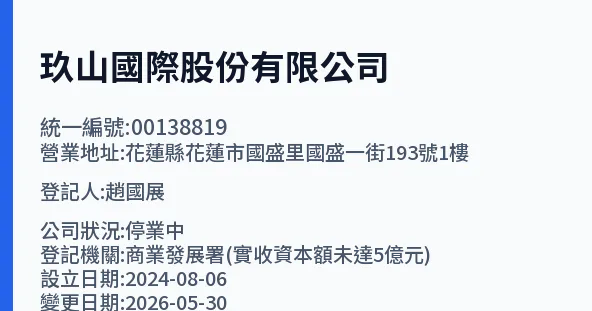 玖山國際股份有限公司的照片-統編 00138819(花蓮縣) 公司登記資料與營業項目詳細圖表