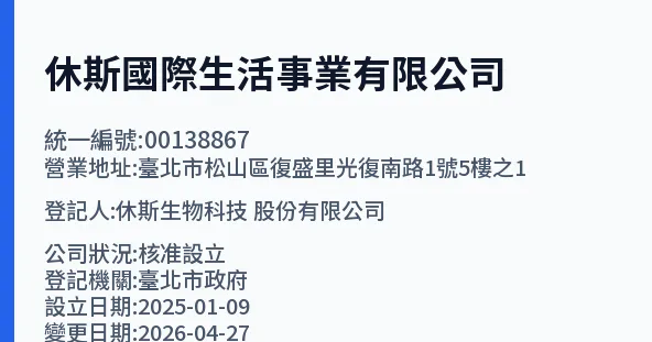 休斯國際生活事業有限公司的照片-統編 00138867(臺北市) 公司登記資料與營業項目詳細圖表