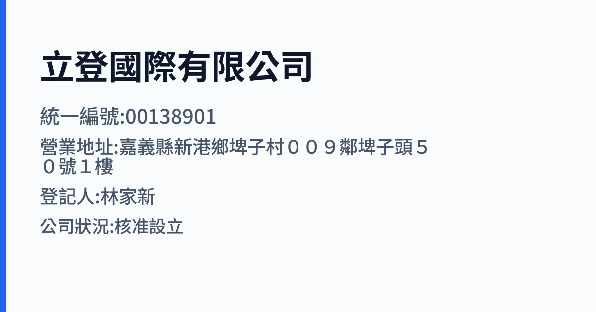 立登國際有限公司 - 統編 00138901(嘉義縣) 公司登記資料與營業項目詳細圖表