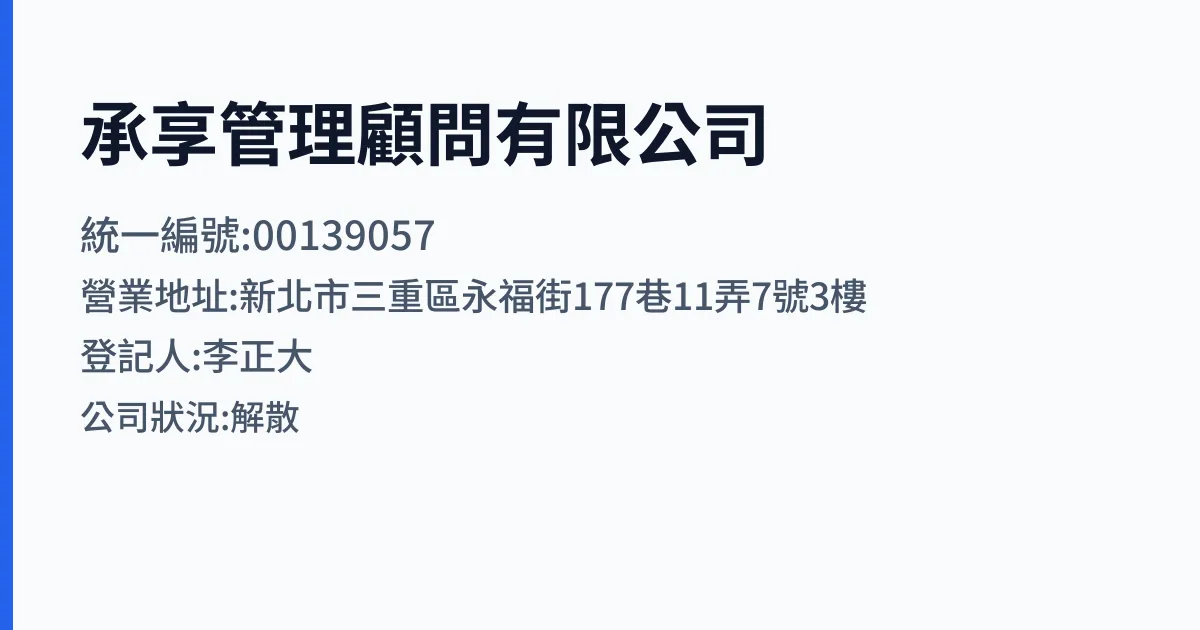 承享管理顧問有限公司 - 統編 00139057(新北市) 公司登記資料與營業項目詳細圖表