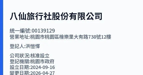 八仙旅行社股份有限公司的照片-統編 00139129(桃園市) 公司登記資料與營業項目詳細圖表