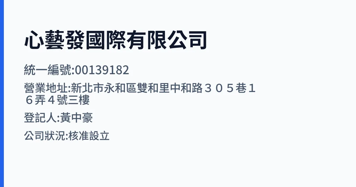 心藝發國際有限公司 - 統編 00139182(新北市) 公司登記資料與營業項目詳細圖表