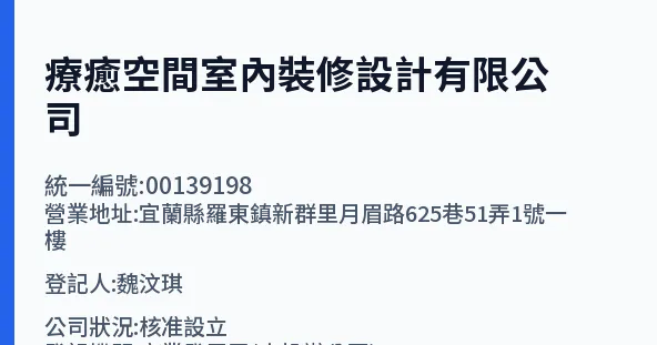 療癒空間室內裝修設計有限公司的照片-統編 00139198(宜蘭縣) 公司登記資料與營業項目詳細圖表