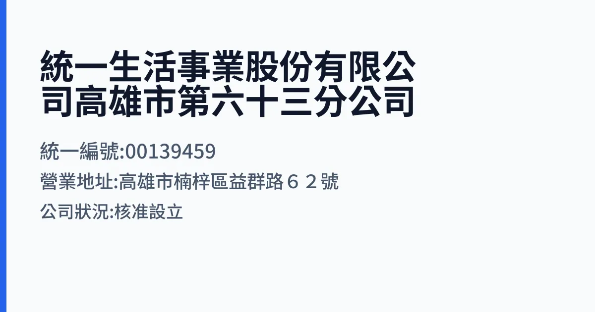 統一生活事業股份有限公司高雄市第六十三分公司 - 統編 00139459(高雄市) 公司登記資料與營業項目詳細圖表