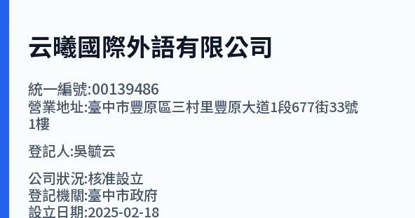 云曦國際外語有限公司的照片-統編 00139486(臺中市) 公司登記資料與營業項目詳細圖表