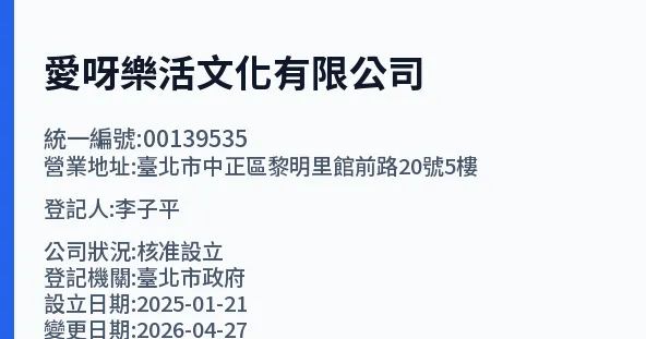 愛呀樂活文化有限公司的照片-統編 00139535(臺北市) 公司登記資料與營業項目詳細圖表