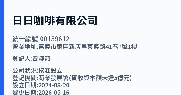 日日咖啡有限公司的照片-統編 00139612(嘉義市) 公司登記資料與營業項目詳細圖表