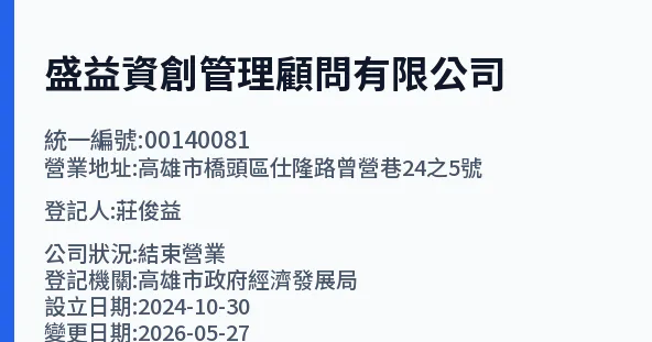 盛益資創管理顧問有限公司的照片-統編 00140081(高雄市) 公司登記資料與營業項目詳細圖表
