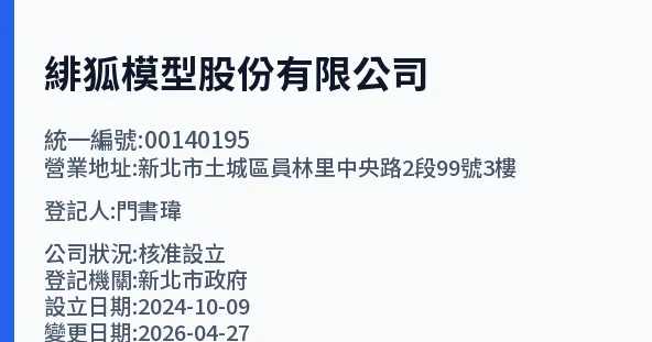 緋狐模型股份有限公司的照片-統編 00140195(新北市) 公司登記資料與營業項目詳細圖表