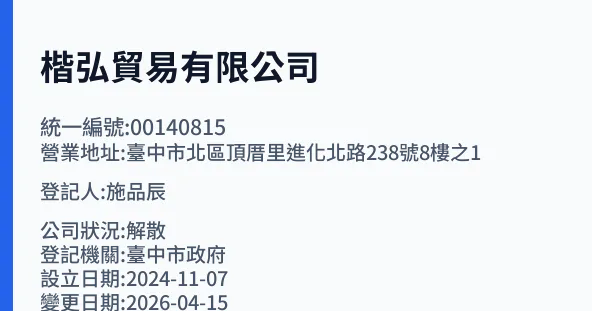 楷弘貿易有限公司的照片-統編 00140815(臺中市) 公司登記資料與營業項目詳細圖表