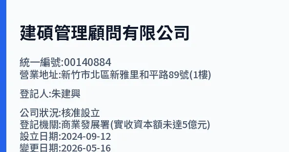 建碩管理顧問有限公司的照片-統編 00140884(新竹市) 公司登記資料與營業項目詳細圖表