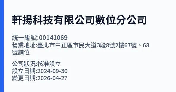 軒揚科技有限公司數位分公司的照片-統編 00141069(臺北市) 公司登記資料與營業項目詳細圖表