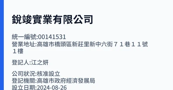 銳竣實業有限公司的照片-統編 00141531(高雄市) 公司登記資料與營業項目詳細圖表
