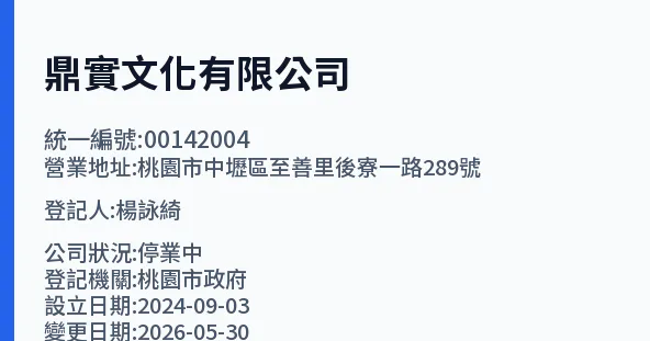 鼎實文化有限公司的照片-統編 00142004(桃園市) 公司登記資料與營業項目詳細圖表