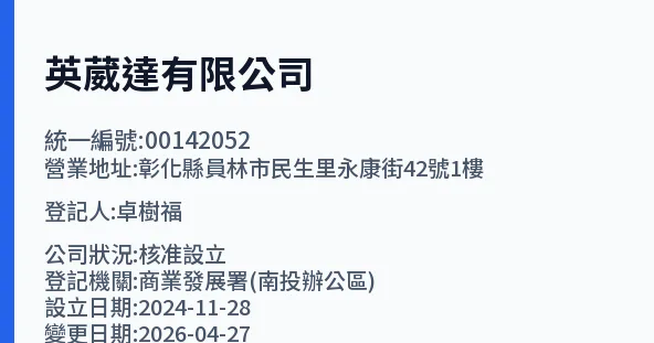 英葳達有限公司的照片-統編 00142052(彰化縣) 公司登記資料與營業項目詳細圖表