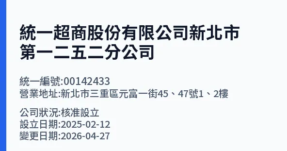 統一超商股份有限公司新北市第一二五二分公司的照片-統編 00142433(新北市) 公司登記資料與營業項目詳細圖表