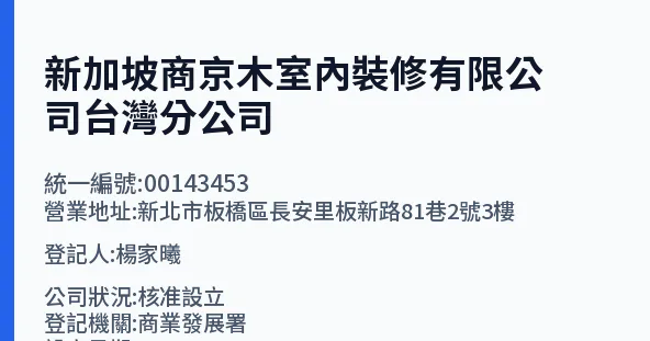 新加坡商京木室內裝修有限公司台灣分公司的照片-統編 00143453(新北市) 公司登記資料與營業項目詳細圖表