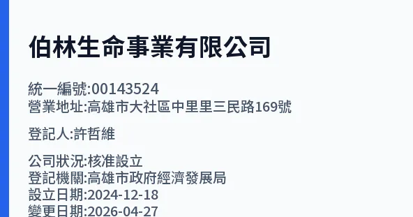 伯林生命事業有限公司的照片-統編 00143524(高雄市) 公司登記資料與營業項目詳細圖表