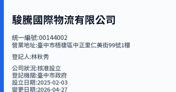 駿騰國際物流有限公司的照片-統編 00144002(臺中市) 公司登記資料與營業項目詳細圖表