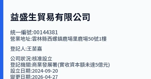 益盛生貿易有限公司的照片-統編 00144381(雲林縣) 公司登記資料與營業項目詳細圖表