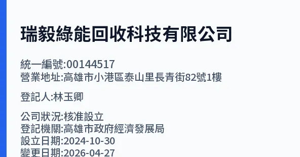 瑞毅綠能回收科技有限公司的照片-統編 00144517(高雄市) 公司登記資料與營業項目詳細圖表