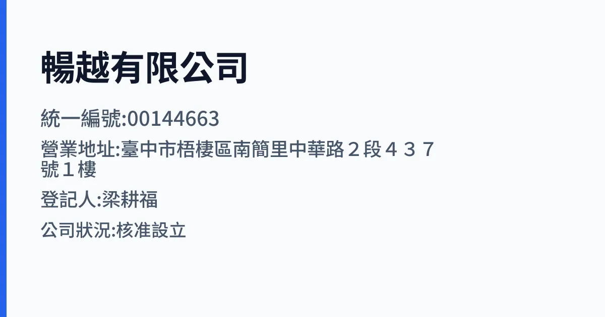 暢越有限公司 - 統編 00144663(臺中市) 公司登記資料與營業項目詳細圖表
