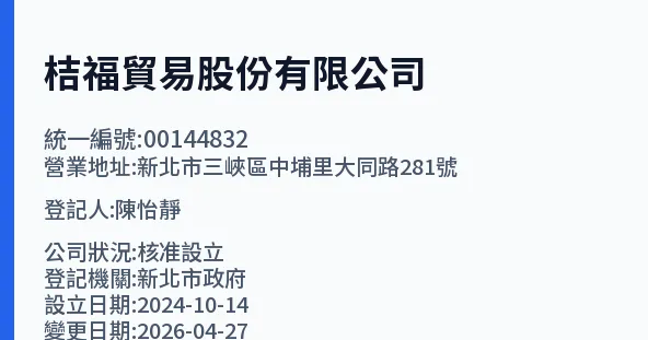 桔福貿易股份有限公司的照片-統編 00144832(新北市) 公司登記資料與營業項目詳細圖表