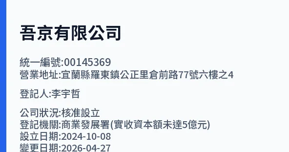 吾京有限公司的照片-統編 00145369(宜蘭縣) 公司登記資料與營業項目詳細圖表