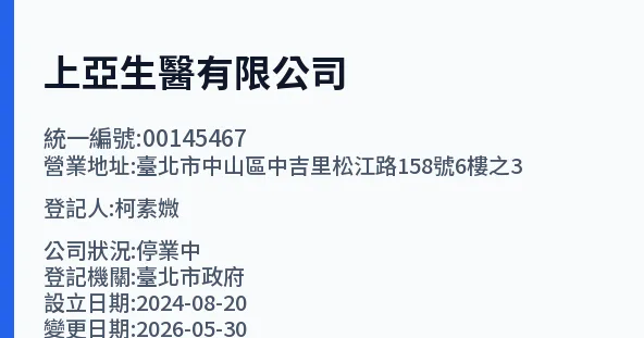 上亞生醫有限公司的照片-統編 00145467(臺北市) 公司登記資料與營業項目詳細圖表