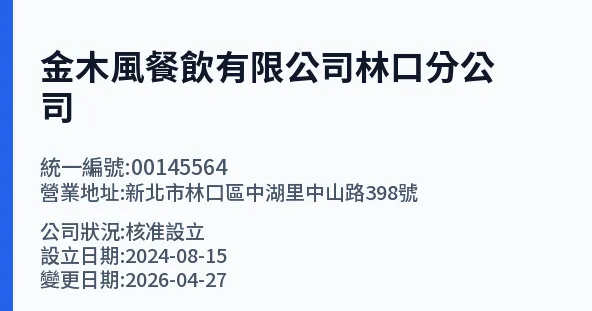 金木風餐飲有限公司林口分公司的照片-統編 00145564(新北市) 公司登記資料與營業項目詳細圖表