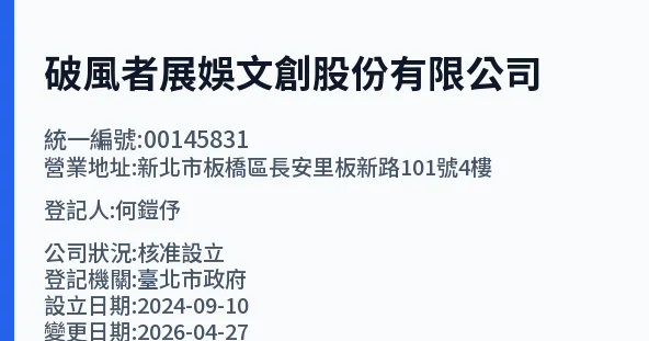 破風者展娛文創股份有限公司的照片-統編 00145831(新北市) 公司登記資料與營業項目詳細圖表