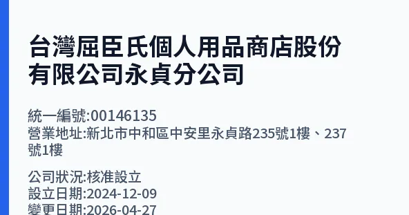 台灣屈臣氏個人用品商店股份有限公司永貞分公司的照片-統編 00146135(新北市) 公司登記資料與營業項目詳細圖表