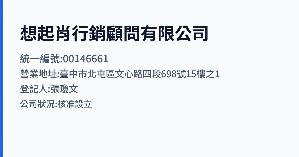 想起肖行銷顧問有限公司 - 統編 00146661(臺中市) 公司登記資料與營業項目詳細圖表