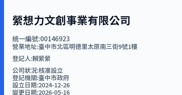 縈想力文創事業有限公司的照片-統編 00146923(臺中市) 公司登記資料與營業項目詳細圖表