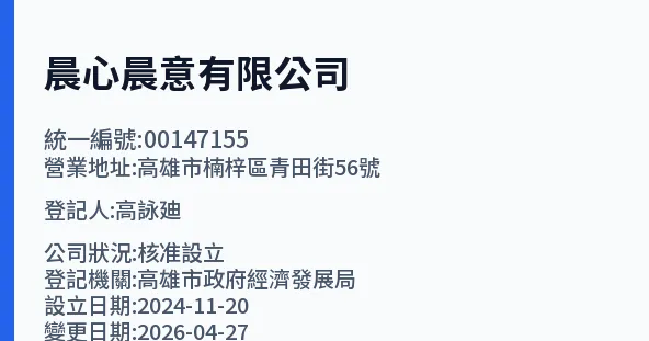 晨心晨意有限公司的照片-統編 00147155(高雄市) 公司登記資料與營業項目詳細圖表