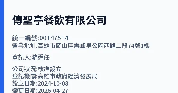 傳聖亭餐飲有限公司的照片-統編 00147514(高雄市) 公司登記資料與營業項目詳細圖表