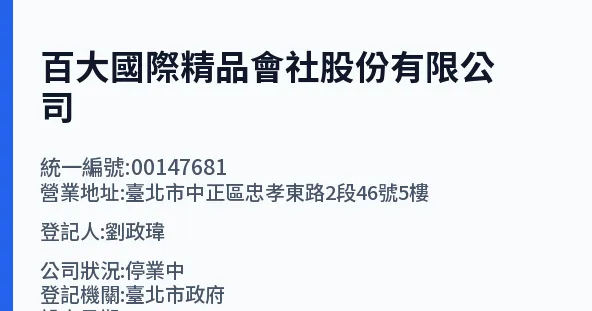 百大國際精品會社股份有限公司的照片-統編 00147681(臺北市) 公司登記資料與營業項目詳細圖表