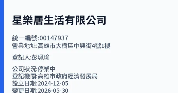 星樂居生活有限公司的照片-統編 00147937(高雄市) 公司登記資料與營業項目詳細圖表