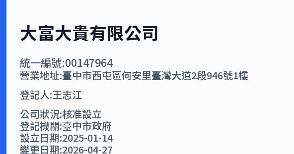 大富大貴有限公司的照片-統編 00147964(臺中市) 公司登記資料與營業項目詳細圖表