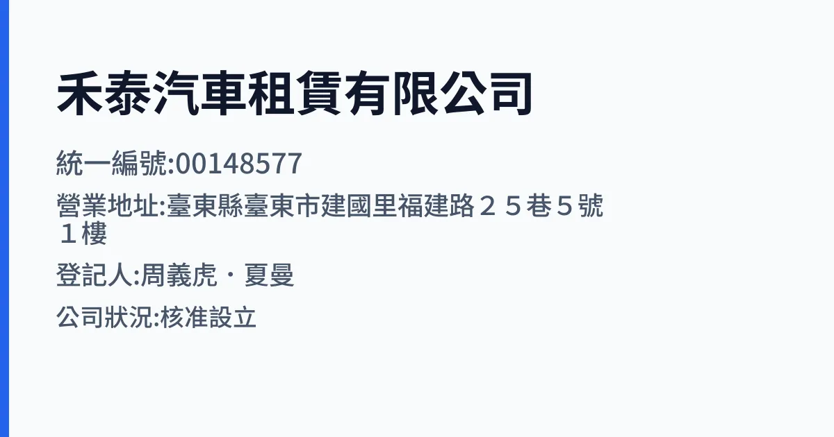 禾泰汽車租賃有限公司 - 統編 00148577（臺東縣） 公司登記資料與營業項目詳細圖表